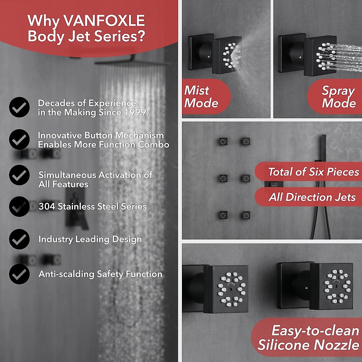 VANFOXLE Shower Faucet Set Matte Black Shower System,Push Button Diverter Shower Faucet with 2 in 1 Handheld,Wall Mount 10 Inch Shower Head with 6 PCS Dual Modes Body Jets(2 Inch)