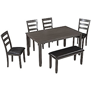 MOEO 6 Piece Kitchen Table Set, Wood Dining Faux Marble Top Diningtable with 4 PU Cushion Chairs & Bench for Breakfast Nook, Bar, Living Room, Gray, Brown