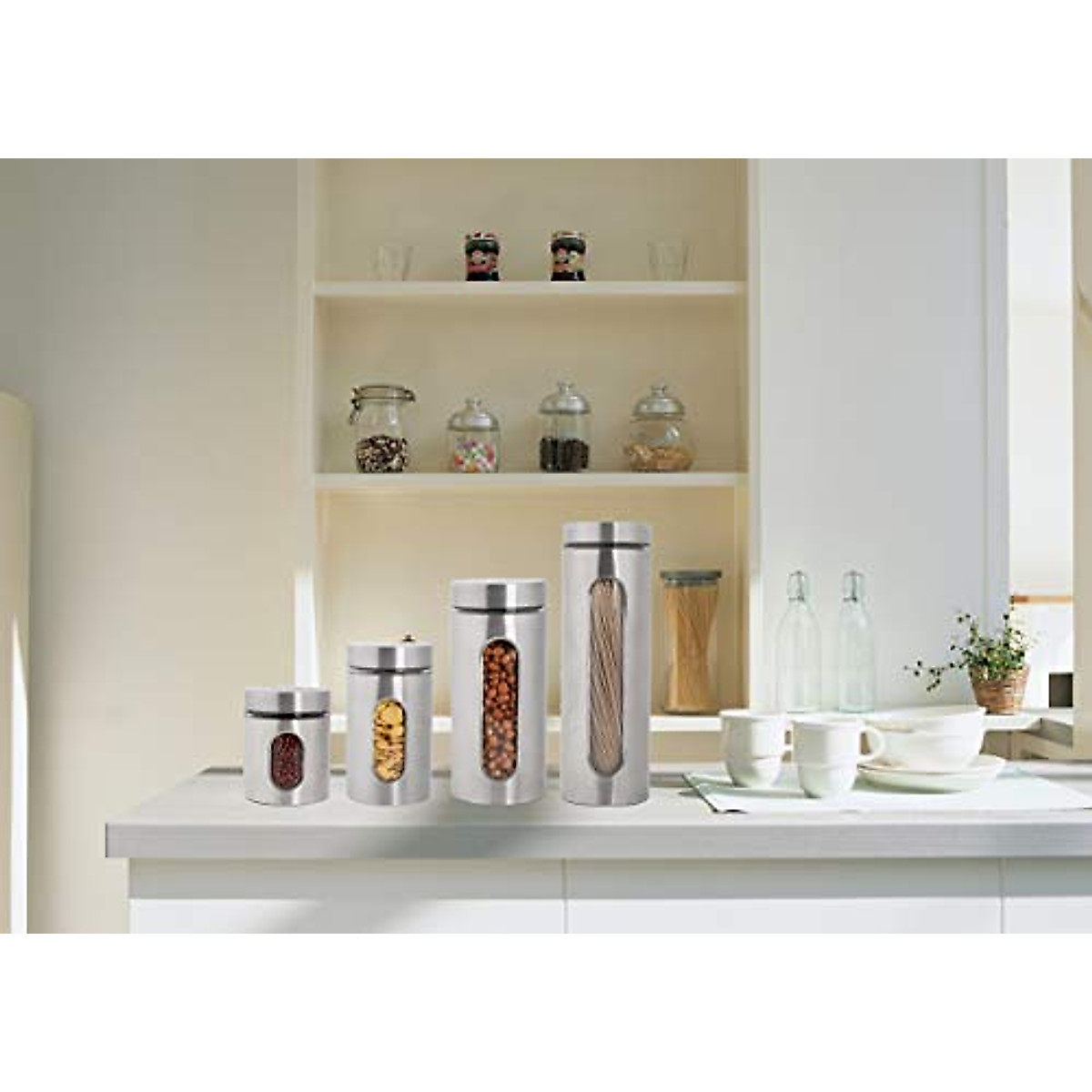 PENGKE Canisters Set,4 Piece Silver Stainless Steel Canister Set with Glass Windows,Perfect for Kitchen Canning Cereal,Pasta,Sugar,Beans,Spice