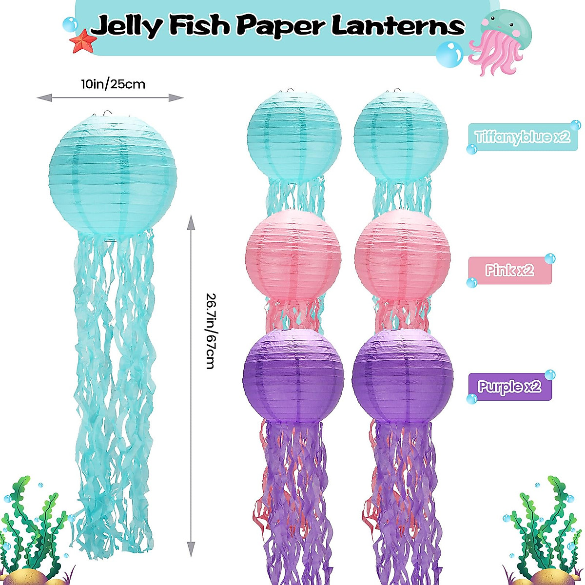 GAILROSO Jelly Fish Paper Lanterns, 6 Pack Jellyfish Lanterns (Pink, Blue, Purple) with String and Hooks, Hanging Jellyfish Decor for Under The Sea, Ocean Party
