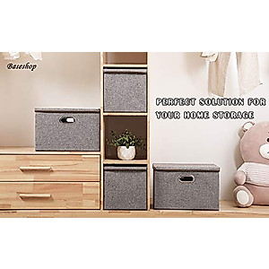 Large Linen Fabric Foldable Storage Container [2-Pack] with Removable Lid and Handles,Storage bin box cubes Organizer - Gray For Home, Office, Nursery, Closet, Bedroom, Living Room