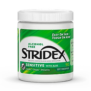 Stridex Medicated Acne Pads, Sensitive, 90 Count, Pack of 3 – Facial Cleansing Wipes, Alcohol-Free Face Pads, Acne Treatment for Face, For Mild to Moderate Acne, Smooth Application