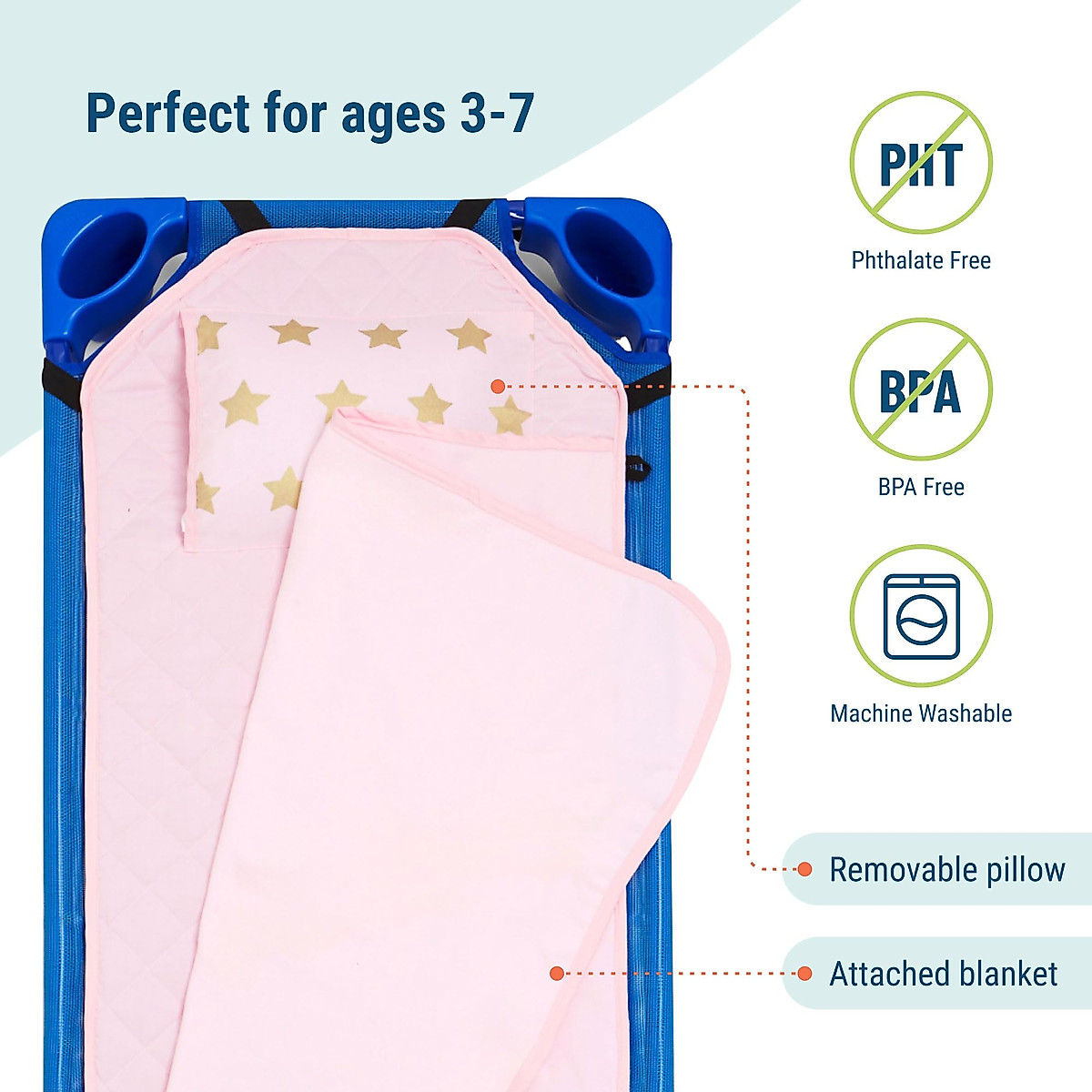Wildkin Kids Modern Nap Mat with Reusable Pillow for Boys & Girls, Perfect for Elementary Sleeping Mat, Features Elastic Corner Straps, Soft Cotton Blend Materials Nap Mat for Kids (Stars)