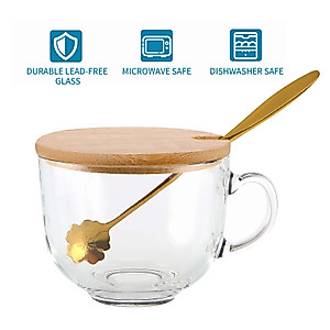 MDLUU 16oz Coffee Mugs with Handle, Glass Cups with Bamboo Lids & Cherry Blossom Spoons, Clear Drinking Glasses for Tea, Cereal, Yogurt, Set of 2
