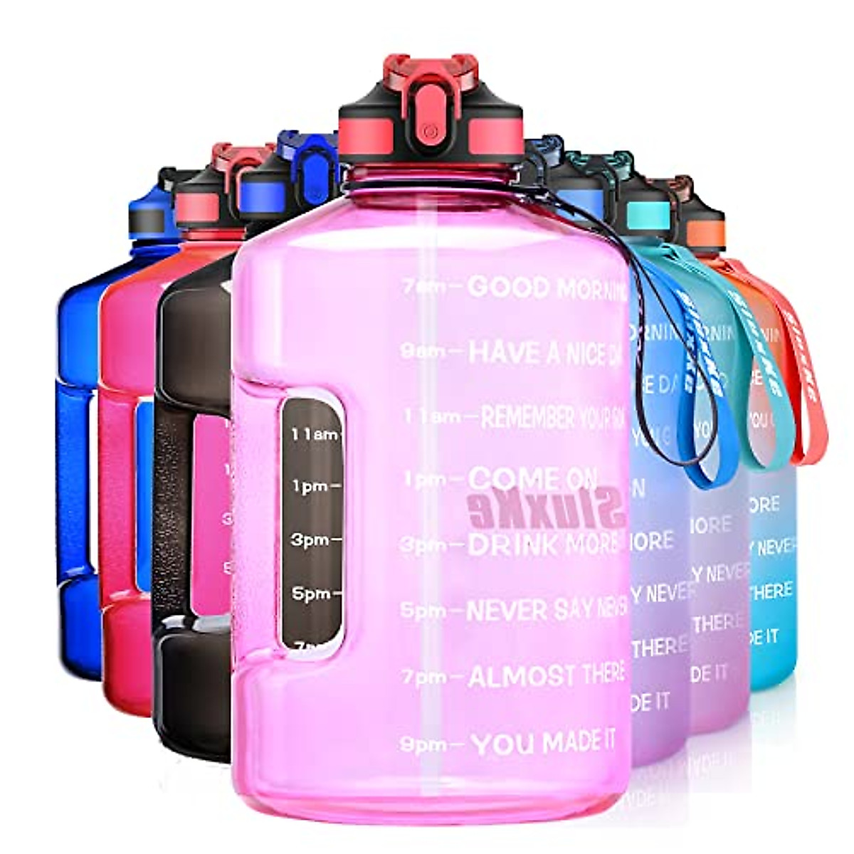 SLUXKE Gallon Water Bottle with Straw and Time Marker, 74oz BPA Free Huge Water Jug with Handle, LeakProof Pop Up Daily Water Intake Bottle Light Pink