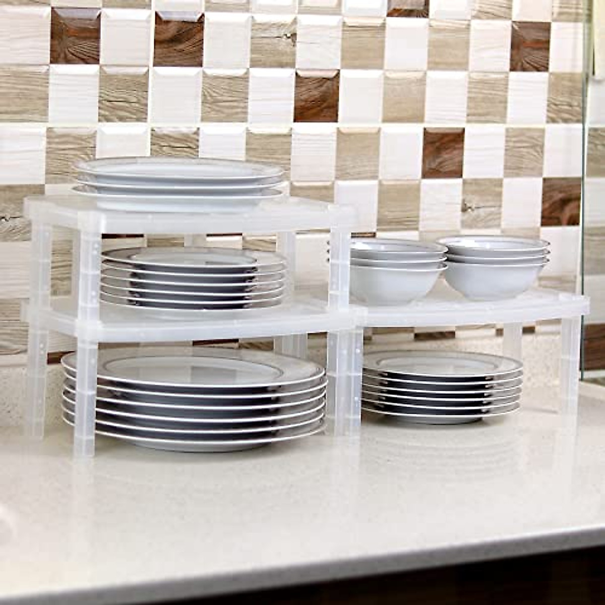 DecoBella Stackable Shelves for Cabinets and Countertop, Storage Organizer 2 Layer Shelves for Undersink, Pantry, Kitchen, Bathroom, Laundry Room, DIY Rack for Spices, Plates, Supplies (Clear)