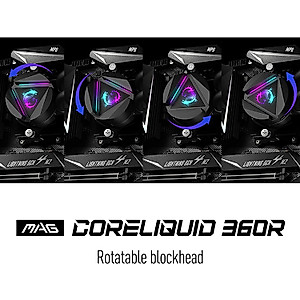 MSI MAG Series CORELIQUID 360R, aRGB CPU Liquid Cooler (AIO): Rotatable Blockhead Design, 360mm Radiator, Triple 120mm aRGB PWM Fans, Rotatable Cap (Renewed)