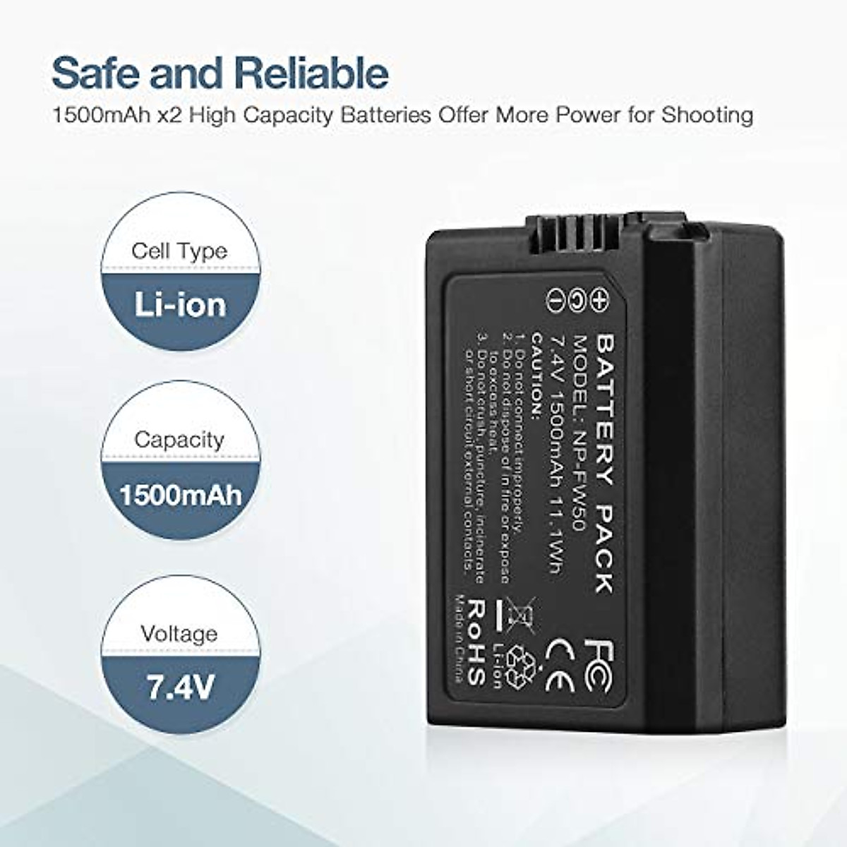 NP-FW50 Battery 2 Packs 1500mAh Rechargable Li-ion Batteries and Dual Charger for Sony A6500, A6400, A6300, A6000, A7, A7II, A7RII, A7SII, A7S, A7S2, A7R, A7R2, A55, A5100, RX10, RX10II
