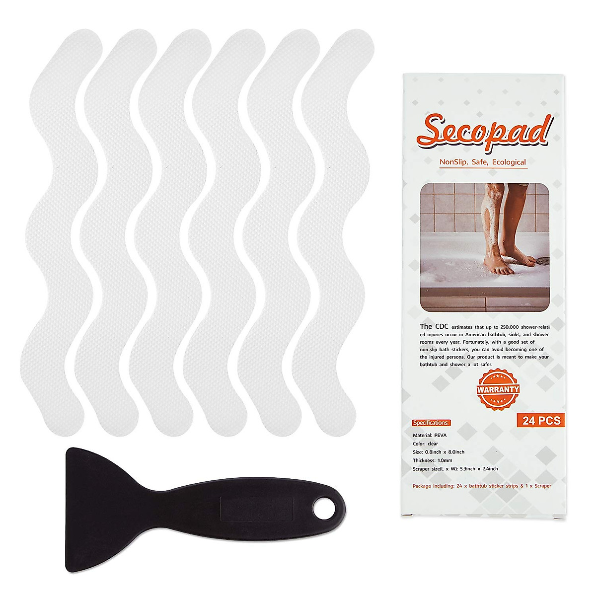 Secopad Patented Anti Slip Shower Stickers 24 PCS Safety Bathtub Strips Adhesive Decals with Premium Scraper for  Bath Tub Shower Stairs