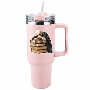 LB LEOBON 40 ounce insulated cup with handle, double-layer vacuum stainless steel material, equipped with straw, can keep warm or maintain cold drinks Skeletons Sleeping Books 2 Light pink