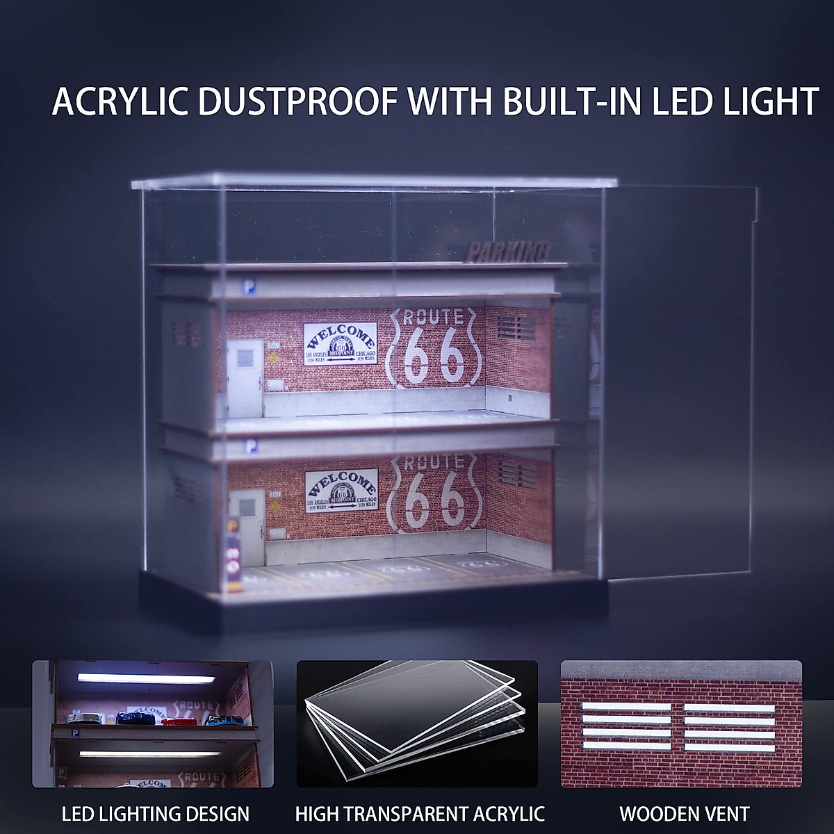 SIKIVOT Double Deck Garage Display Case， 1/64 Scale Parking Lot Model Car， Die-cast Car Garage Display Case，12 Parking Space with LED Light and Acrylic Cover (7642 Red Brick Wall)