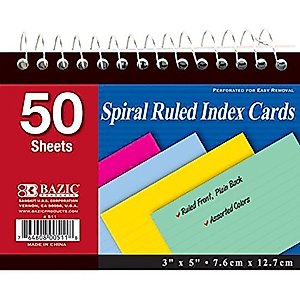 4Pk, BAZIC 50 Ct. Spiral Bound 3" X 5" Ruled Colored Index Cards (Total of 200)