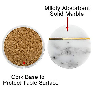 HighFree 6 Pack Absorbent Marble Coasters with Gold Brass Inlay, Handcrafted White Marble Coasters for Coffee Table Drinks/Bar Glasses, 4 Inches