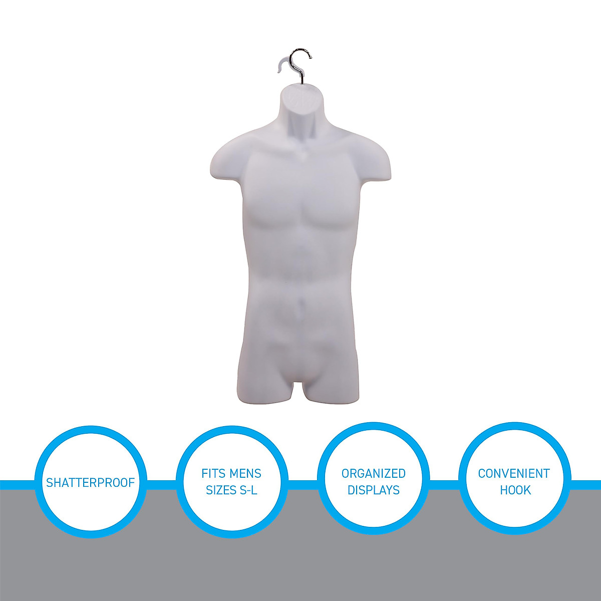 SSWBasics Male Molded Shatterproof White Shapely Torso Form with Hook - Fits Men's Sizes