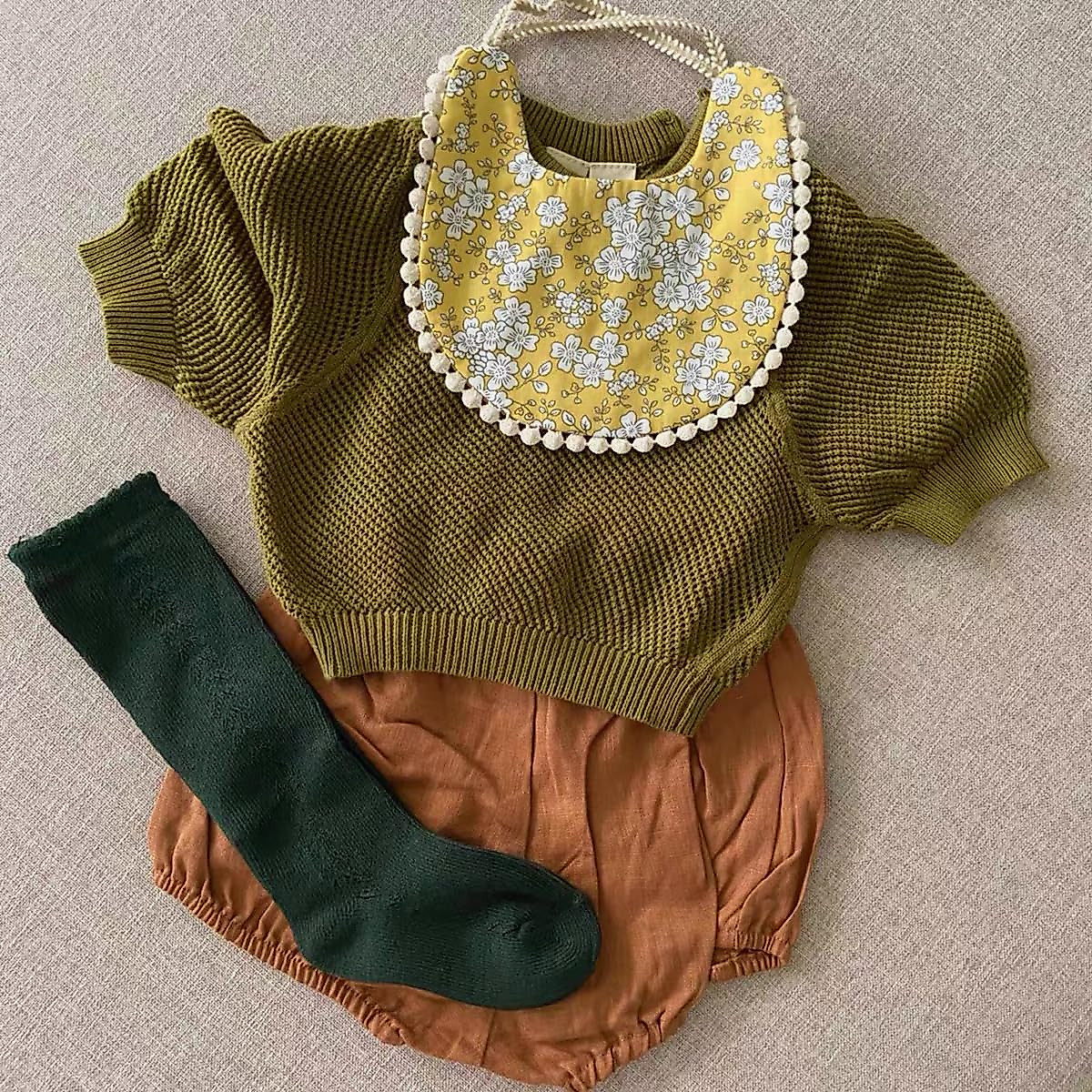 Cherssy Baby Girl Reversible Bibs, Boho Bibs with Crochet Lace and String Ties Pom Pom, Floral Cotton bibs for Newborn Infant Toddler, 2 Pack Mustard/Brown