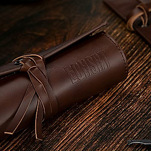 ECHSRT Leather Pencil Case Roll Up Bag Pencil Pouch Wrap Foldable Tool Roll Supplies Art Stuff Organizer Vintage Gift for Office Artist Adults, Brown