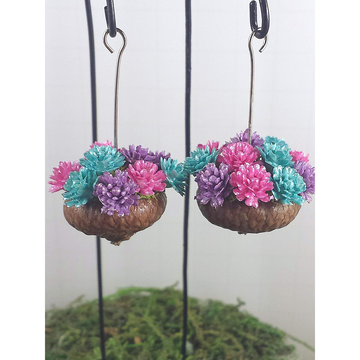 Fairy Garden Accessories. Set of 2. Miniature Hanging Flower Baskets. Acorn Planters. Dollhouse, Terrarium Décor.