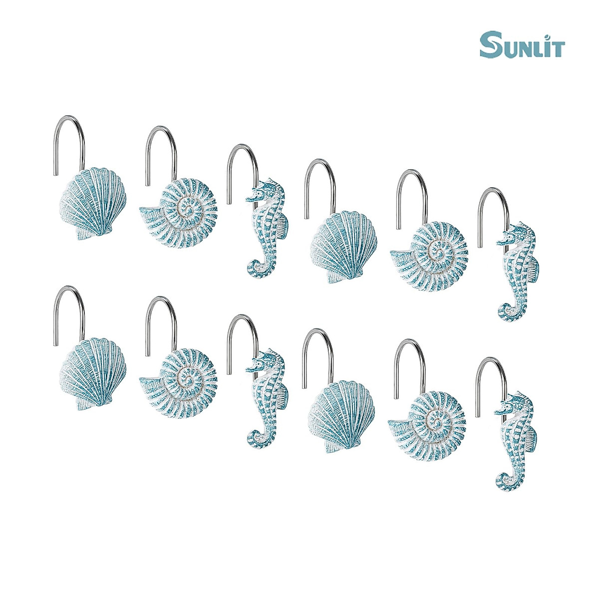 Sunlit 12-Piece Aqua Blue Resin Shower Curtain Hooks, Ocean Creatures Coastal Design, Nautical Bathroom Decoration