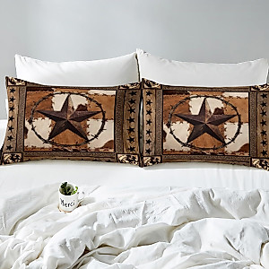 Western Texas Star Kids Duvet Cover Set King Size,Cow Fur Wooden Plank Bedding Set,Boys Girls Adults Room Decor,Rustic Farmhouse Western Cowboy Comforter Cover,Brown Retro Quilt Cover,2 Pillowcases
