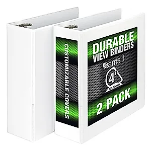 Samsill Durable 4 Inch Binder, Made in The USA, Locking D Ring Customizable Clear View Binder, White, 2 Pack, Each Holds 700 Pages