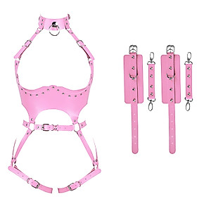 Waist Garter belt Punk Full body harness for women Photography Dance Rock Halloween Leather cage Chest strap set (Pink)