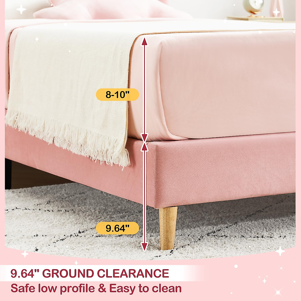 GAOMON Pink Twin Bed Frame, Velvet Upholstered Platform Bed Frame with Headboard, Strong Wooden Slats, Noise-Free,No Box Spring Needed, Easy Assembly (Pink)