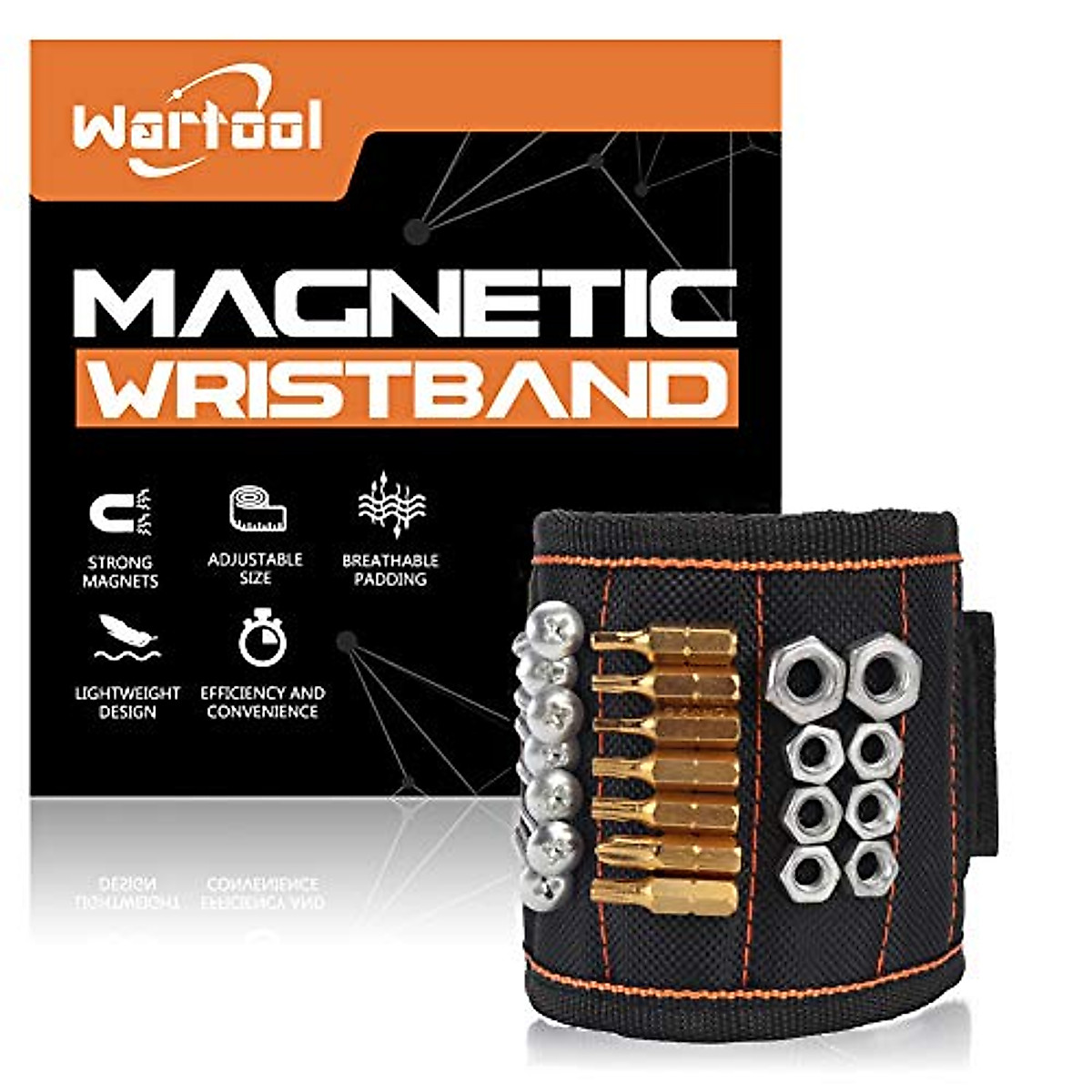 WARTOOL Magnetic Wristband Tool Belt with 5 Strong Magnets for Holding Screws, Nails, Bolts, Drill Bits, Perfect Gifts for Men/Women,Dad, Husband, Boyfriend, DIY Handyman, Woodworker Black