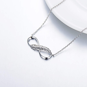 PDTJMTG Infinity Feather Necklace 925 Sterling Silver Necklace for Women, 18”+2”