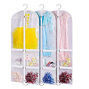 SLEEPING LAMB Clear Garment Bag for Dance Costume Kids 50 Inch Hanging Clothes Cover for Closet Storage With 4 Large Zipper Pockets for Ballet, Theatre, Competitions, 3 Packs, White