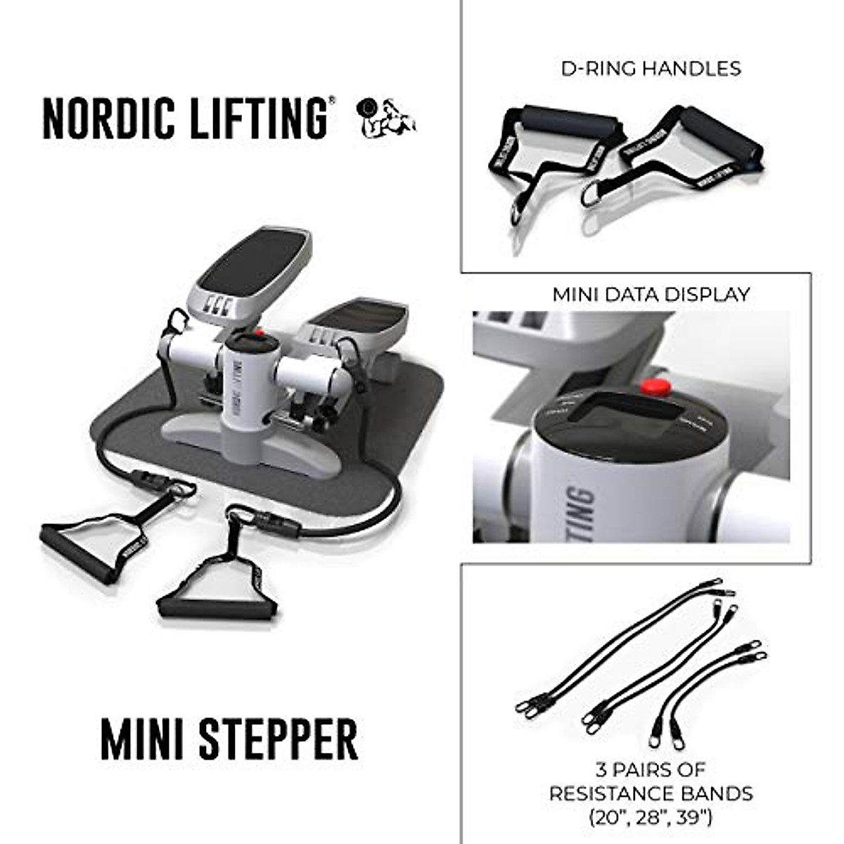 Mini Stepper & Stair Climber Machine - w/Resistance Bands Set - Built in Monitor by Nordic Lifting