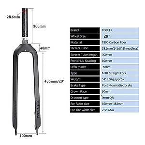 BestParts Toseek MTB Front Fork 1-1/8" Full Carbon Fiber Rigid Disc Brake 3K T800, Threadless Straight Tube Superlight Mountain Bike Forks 28.6mm, 29"