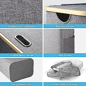 Laundry Hamper, Zekeson 100L Collapsible Laundry Basket with Lid and Handle, Clothes Basket Organizer with 2 Removable Inner Bags for Storage in Bedroom Bathroom Children's Room (Gray)