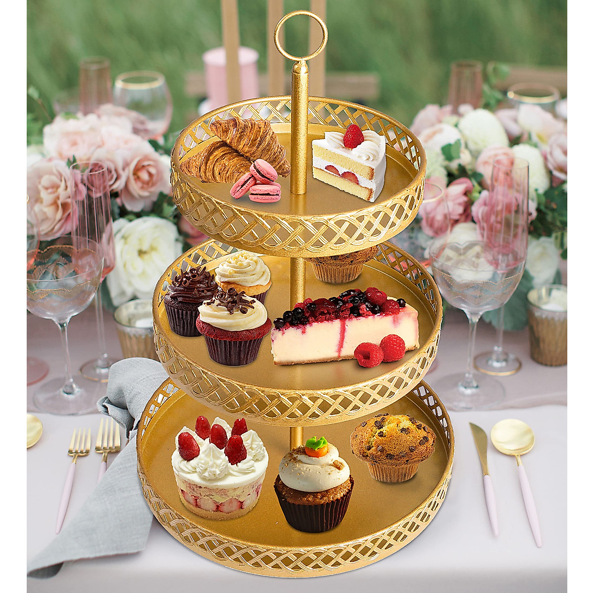 weharnar Cupcake Stand - 3 Tier Metal Cupcake Tower - Dessert Table Display Set Round Cake Holder Tiered Serving Tray for Cup Cakes Desserts Fruits Candy Cookie Buffet, Gold