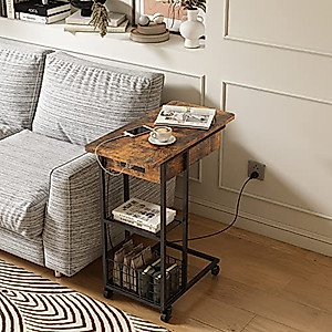 LIDYUK C Shaped End Table with Charging Station, Flip Top Side Table with USB Ports and Outlets, C Table Sofa Table with Storage Shelf for Living Room, Bedroom, Brown