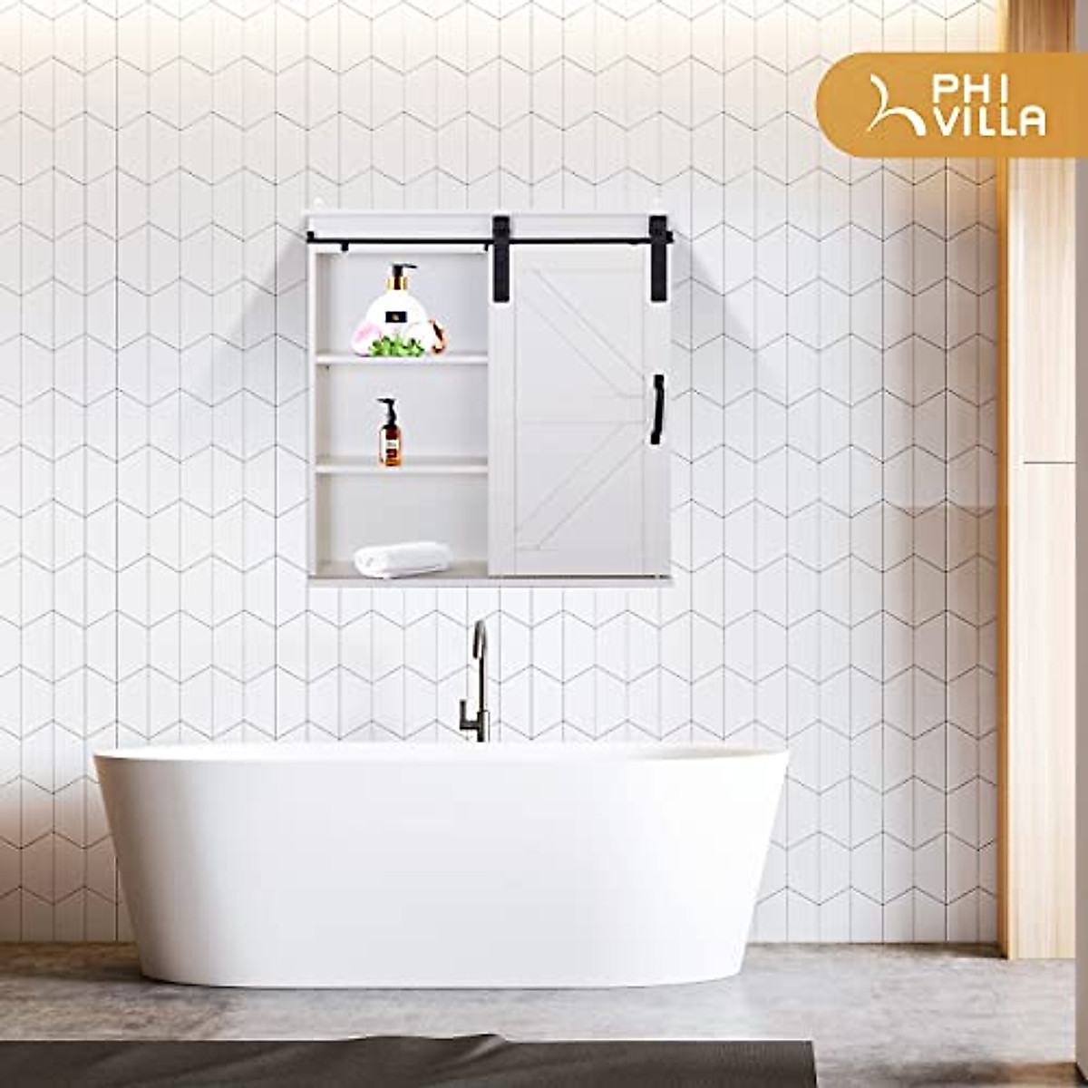 PHI VILLA Farmhouse Bathroom Wall Cabinet with Sliding Barn Door Medicine Storage Cabinet Wall Mounted with 3-Tier Rustic Storage Cabinet for Bathroom Furniture, White(Bathroom Shelves Included)