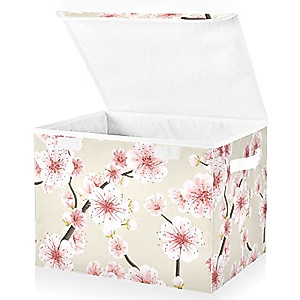 Kigai Pink Spring Cherry Blossoms Storage Bin, Storage Baskets with Lids Large Organizer Collapsible Storage Bins Cube for Bedroom, Shelves, Closet, Home, Office 16.5 X 12.6 X 11.8 Inch
