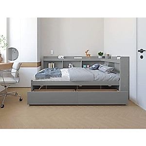 DEINPPA Full Size Platform Bed with L-Shaped Bookcase and 2 Drawers, Wooden Captain Bed Frame with Bookcase Headboard for Kids Teens Adult Boys Girls, No Box Spring Needed, Grey
