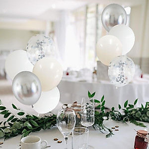 ANSOMO White and Silver Latex Balloons Party Decorations 12 Inch 50 Pcs White Sand Beige Metallic Silver Confetti Wedding Birthday Bridal Baby Shower Winter Christmas Bachelorette Décor Supplies