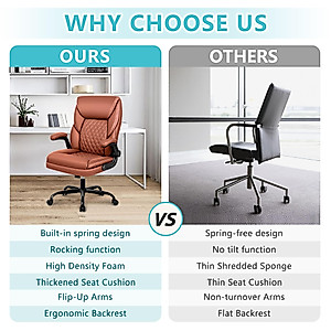 BestEra Office Chair, Executive Leather Chair Home Office Desk Chairs, Ergonomic Computer Desk Chair with Adjustable Flip-Up Arms, Lumber Support Swivel Task Chair with Rocking Function (Brown)
