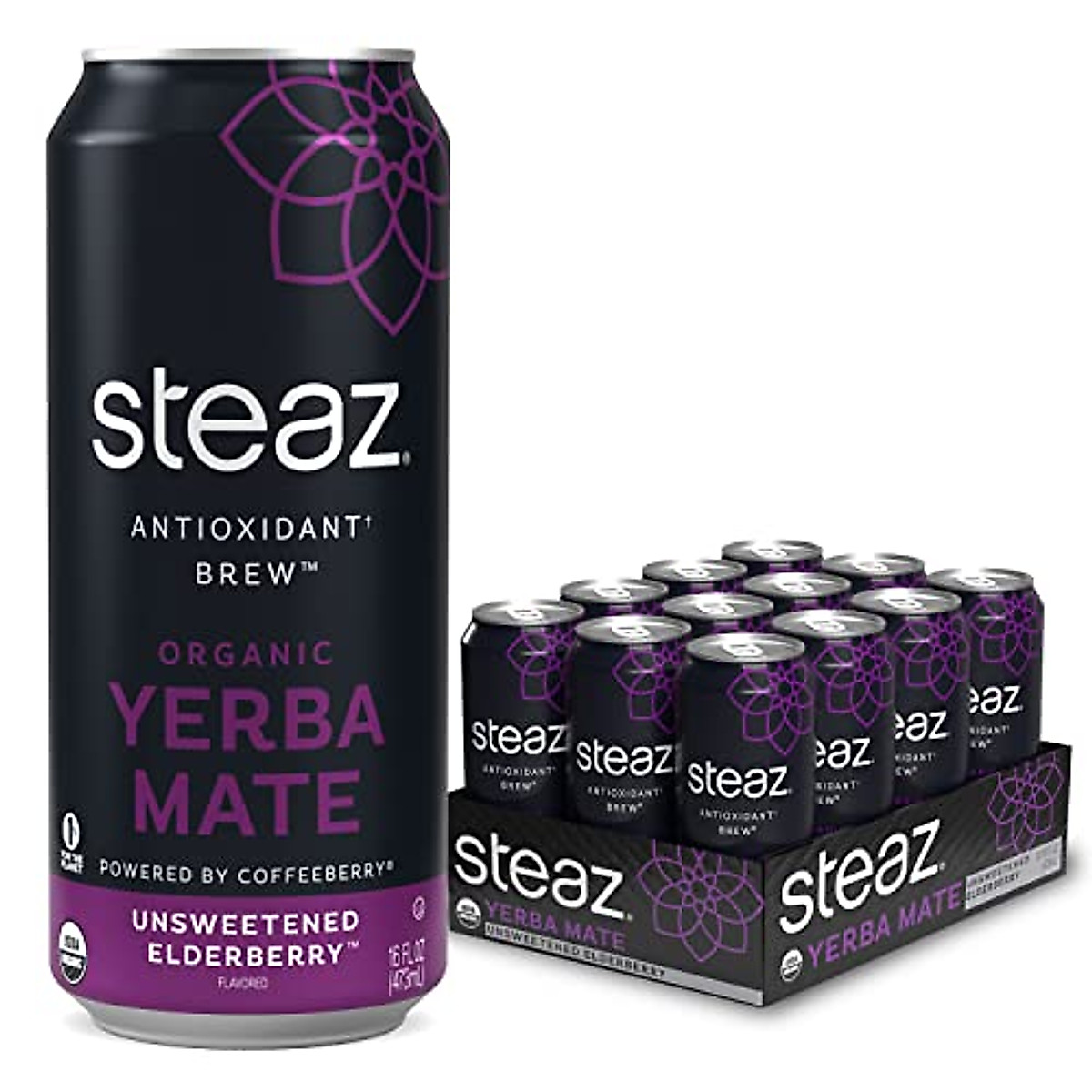 Steaz Antioxidant Brew Organic Yerba Mate Tea 16 oz. Pack of 12 (Unsweetened Elderberry)