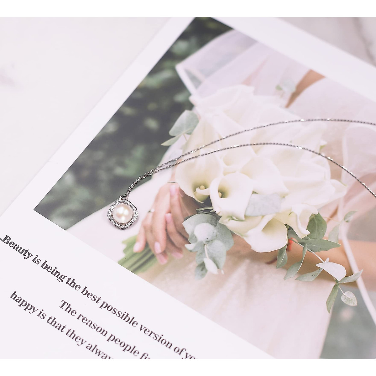 925 Sterling Silver Pearl Pendant Necklace | Freshwater Cultured White 9.5-10mm Real Pearl with Cubic Zirconia for Girl&Women-AKOCIDY