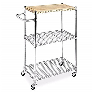 BHVXW 3 Tier Kitchen & Microwave Trolley 60x35x85CM Storage Rack Wood & Chrome Utility Storage Trolley