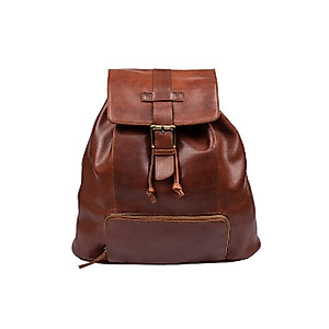 Zinda Genuine Leathers Unisex Backpack Drawstring Satchel Flap Over Book Bag Multiple Pockets Travel Bag (Cognac)