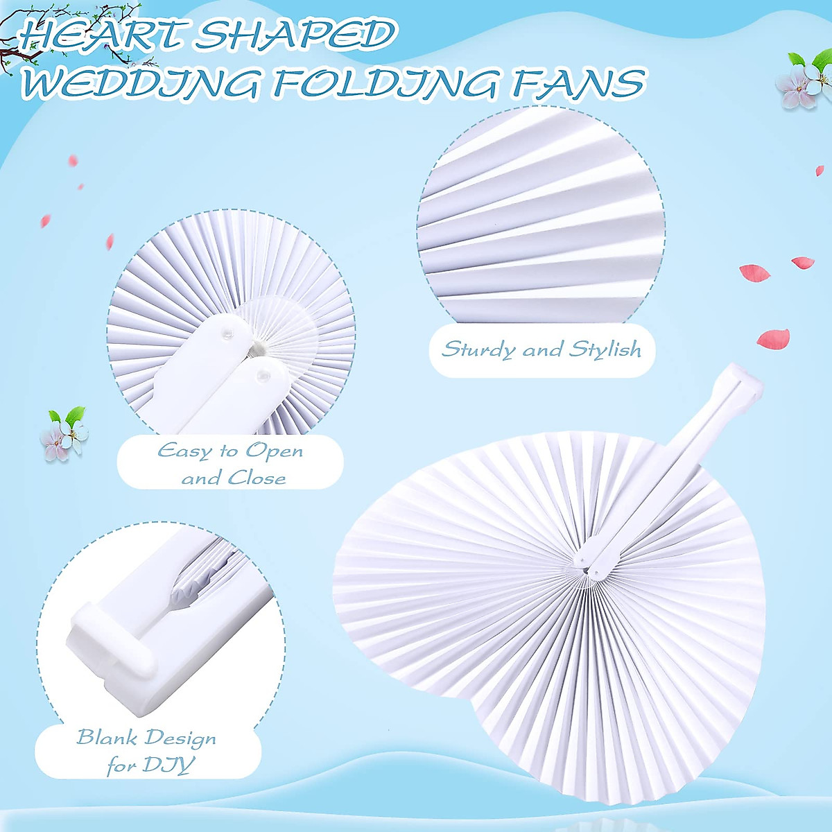 Blulu 60 Pack White Heart-Shaped Folding Fans for Weddings & Parties