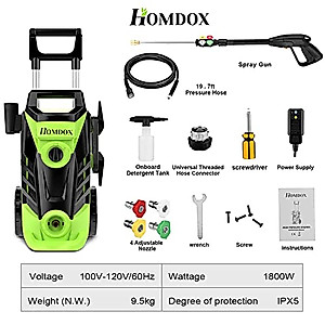 Homdox Pressure Washer 1.7 GPM Electric Pressure Washer 1800W High Pressure Washer Cleaner with 4 Nozzles, Foam Cannon Car Power Washer for Patio Garden Yard Vehicle (Green)