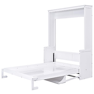 Queen Size Murphy Bed with Storage Shelf, Space-Saving Wooden Wall Bed for Bedroom, No Box Spring Needed, Noise Free (White)