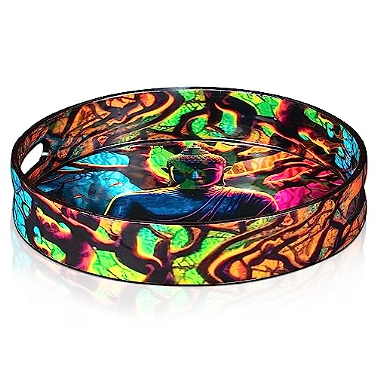 Crocon Decorative Round Serving Tray for Coffee Table Breakfast Buddha Printed Ottoman Tray Candle Holder Multipurpose Centerpieces for Dining Room Home Décor Makeup Drawer Organizer 12 Inch