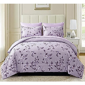 Yiran 7 Pieces Bed in a Bag Purple Botanical Plant Flowers Comforter Set Soft Microfiber Bedding Queen Comforter Sets with 1 Comforter 2 Pillowshams 1 Flat Sheet 1 Fitted Sheet and 2 Pillowcases