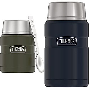 THERMOS Stainless King Vacuum-Insulated Food Jar with Spoon, 16 Ounce, Army Green & Stainless King Vacuum-Insulated Food Jar, 24 Ounce, Midnight Blue