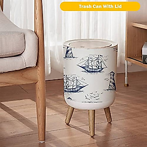 Small Trash Can with Lid Vintage Hand Drawn Nautical Toile De Jouy Seamless with Lighthouse Wood Legs Press Cover Garbage Bin Round Simple Human Waste Bin Wastebasket for Kitchen Bathroom Office